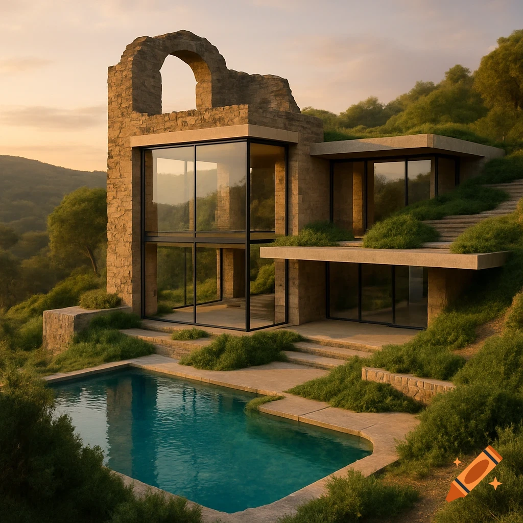 A modern house with glass walls built into ancient stone ruins on a ...