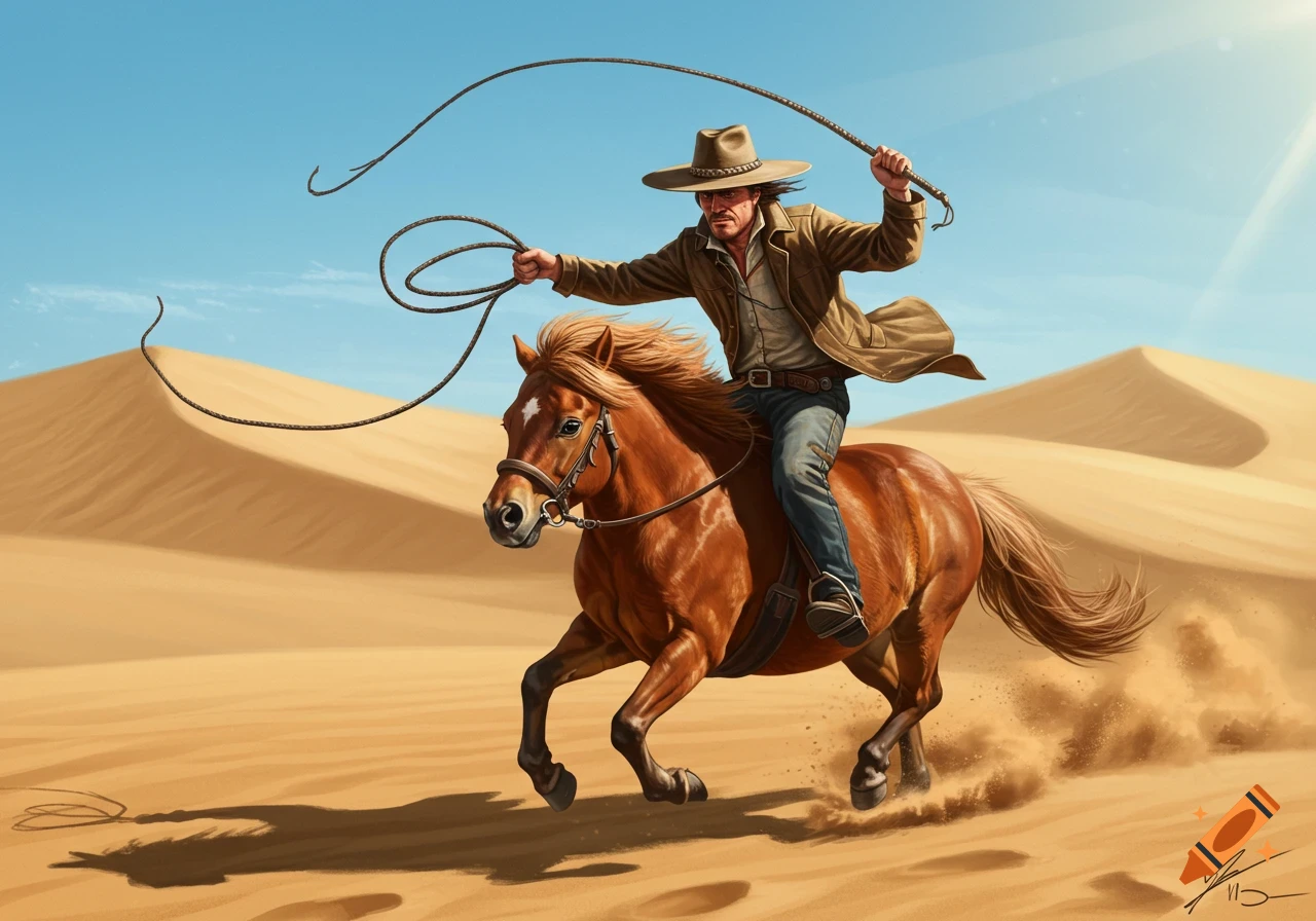 An adventurous man, resembling Indiana Jones, rides a horse through a ...