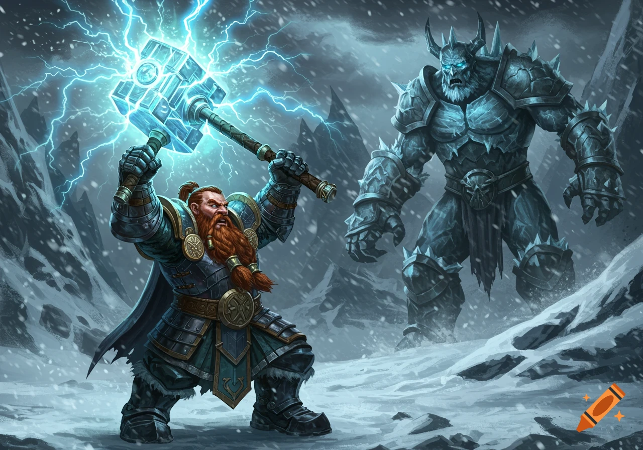 A dwarf cleric raises a lightning-charged war hammer to strike a ...
