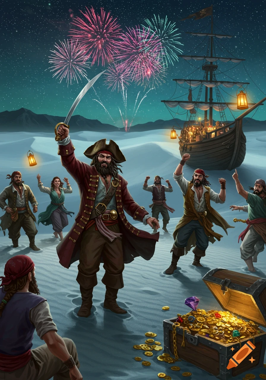 A group of pirates celebrate on a sandy beach at night with fireworks ...