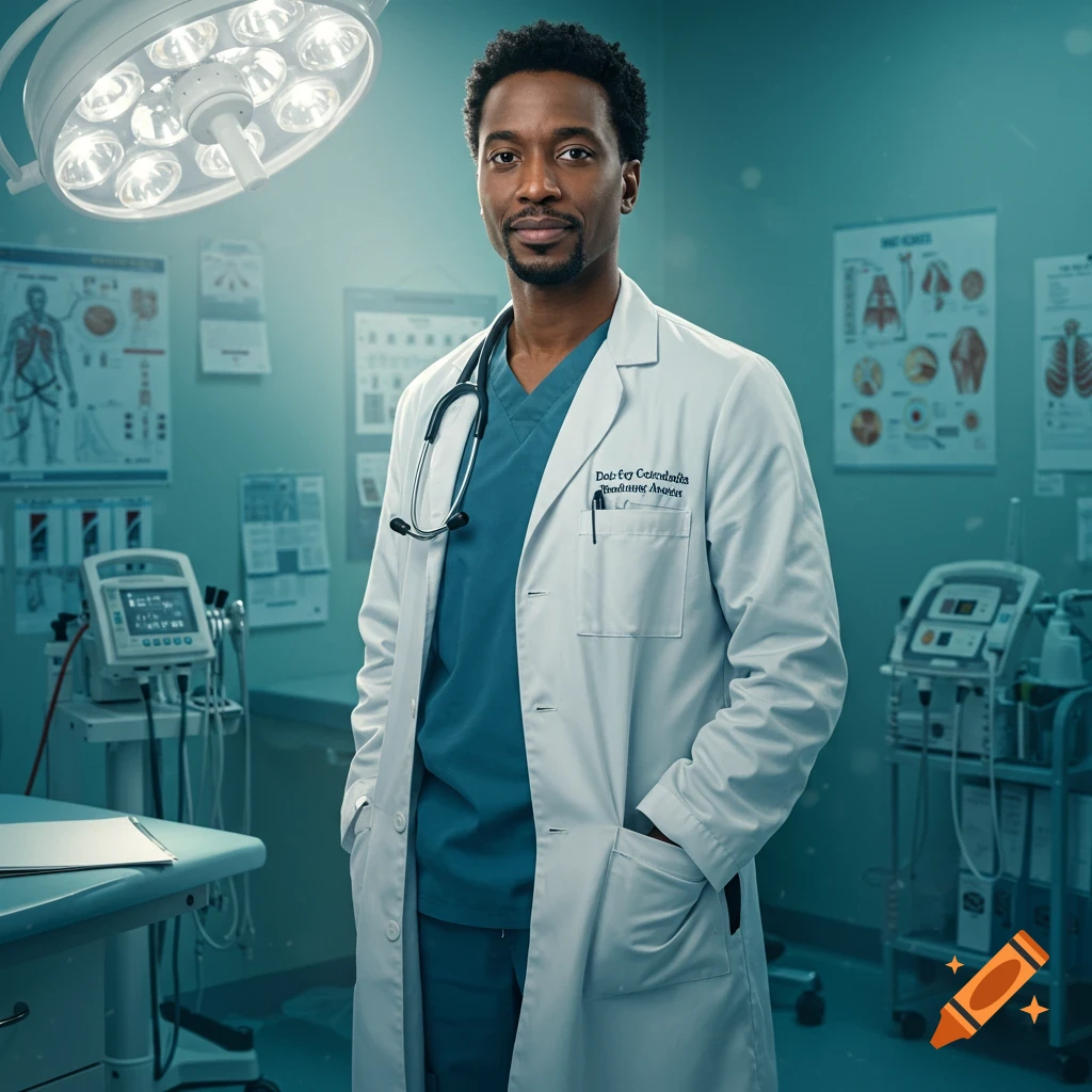 A male doctor in scrubs and a white lab coat stands in a brightly lit ...