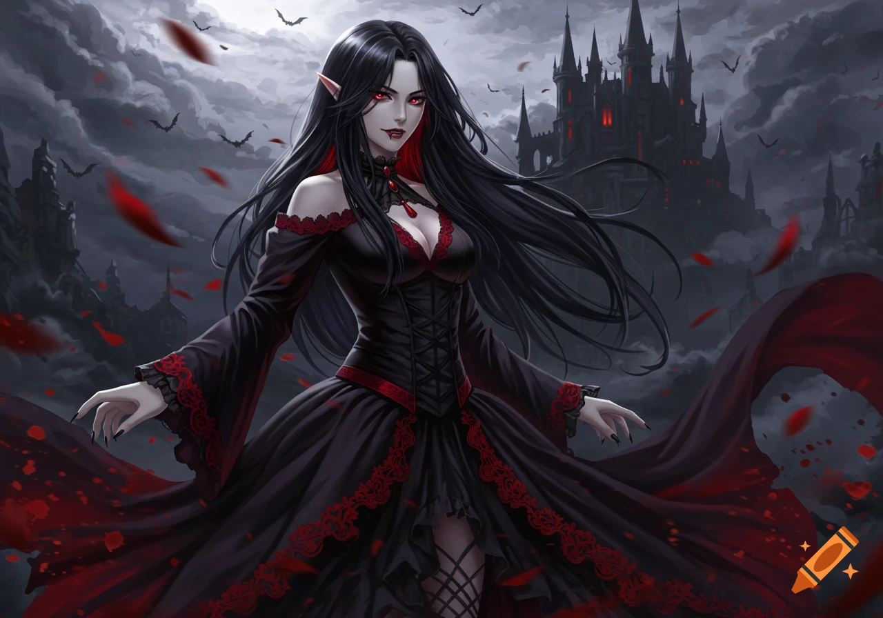 Anime female vampire with long black hair, red eyes, and a black and ...