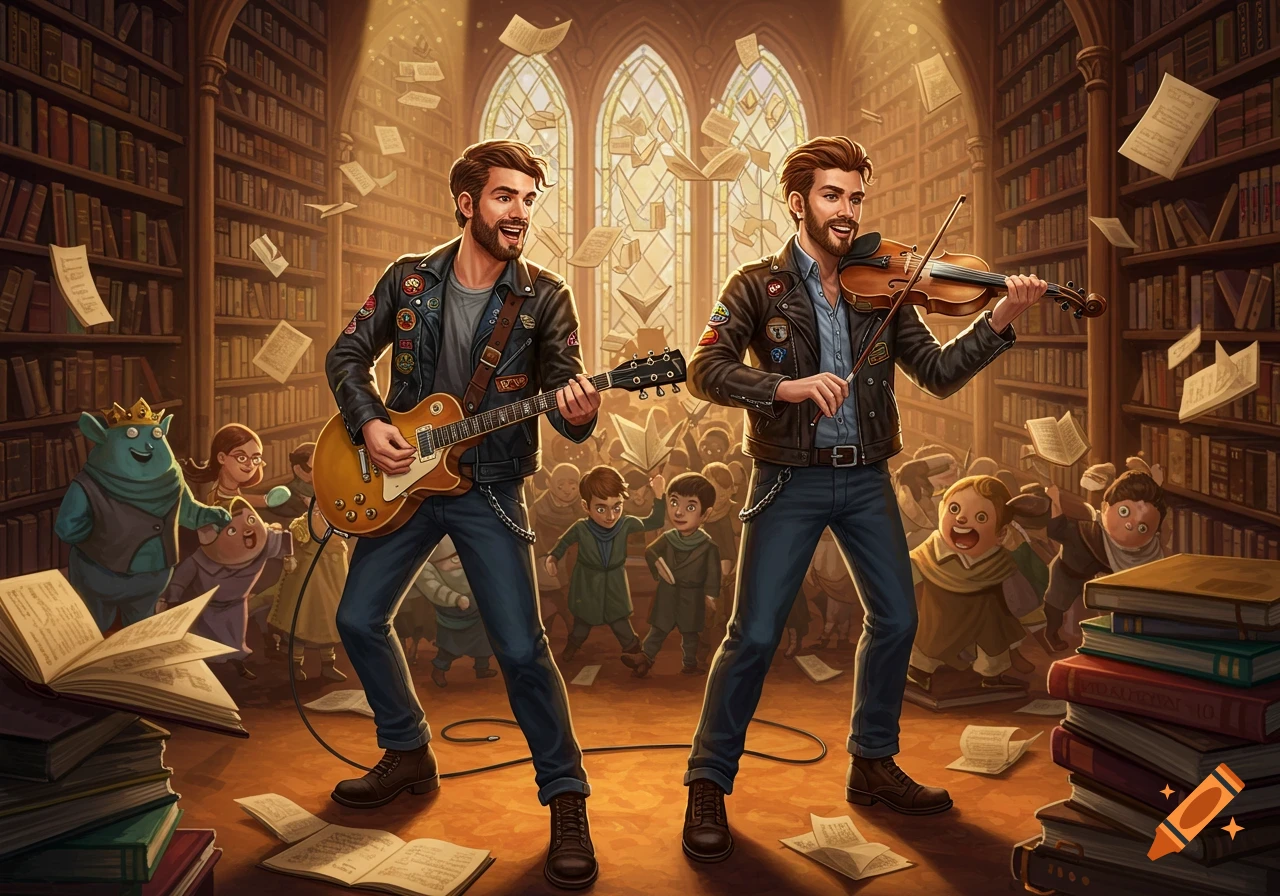 A vibrant illustration of two men, dressed as rock stars, playing a ...
