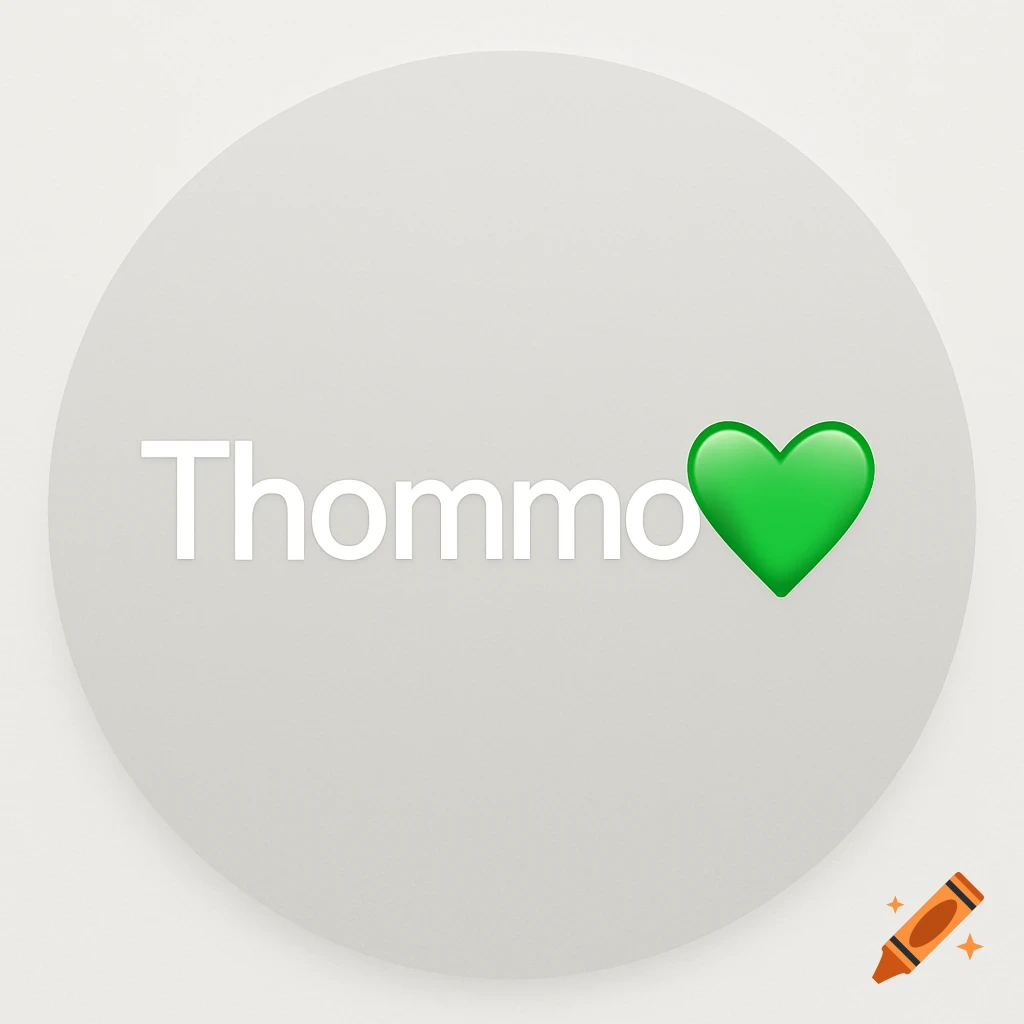White text 'Thommo' next to a green heart on a light gray circular ...
