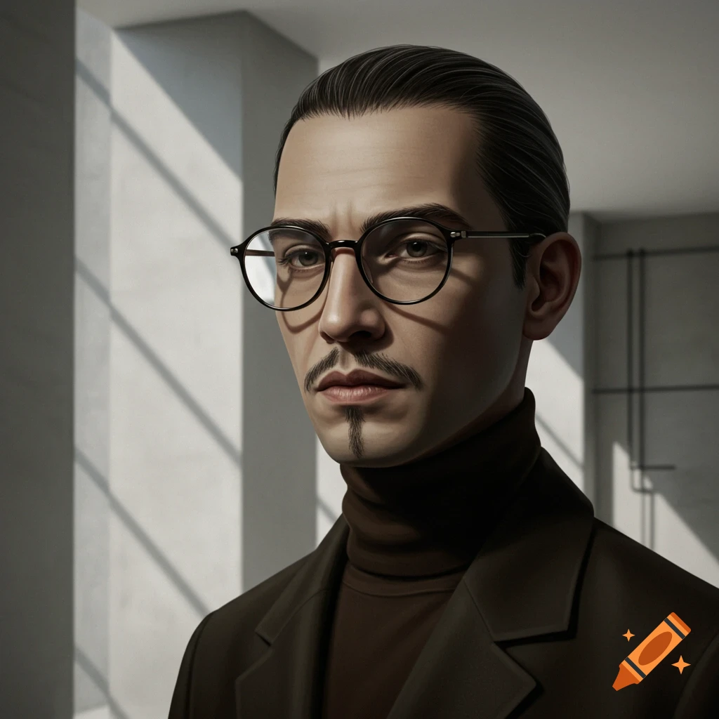 A photorealistic portrait of a man with slicked-back hair, mustache ...