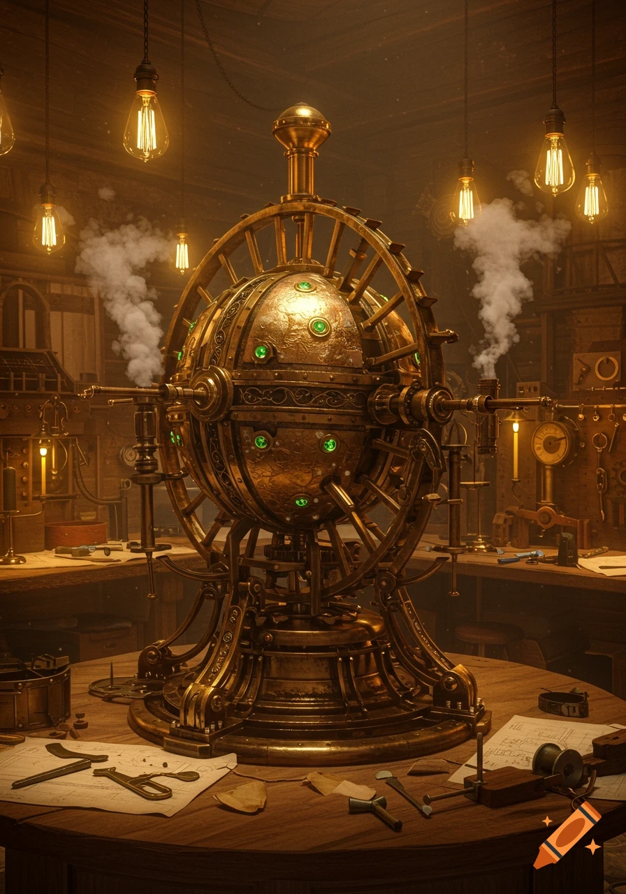 An ornate steampunk magic staff stands tall in a dimly lit, brick ...