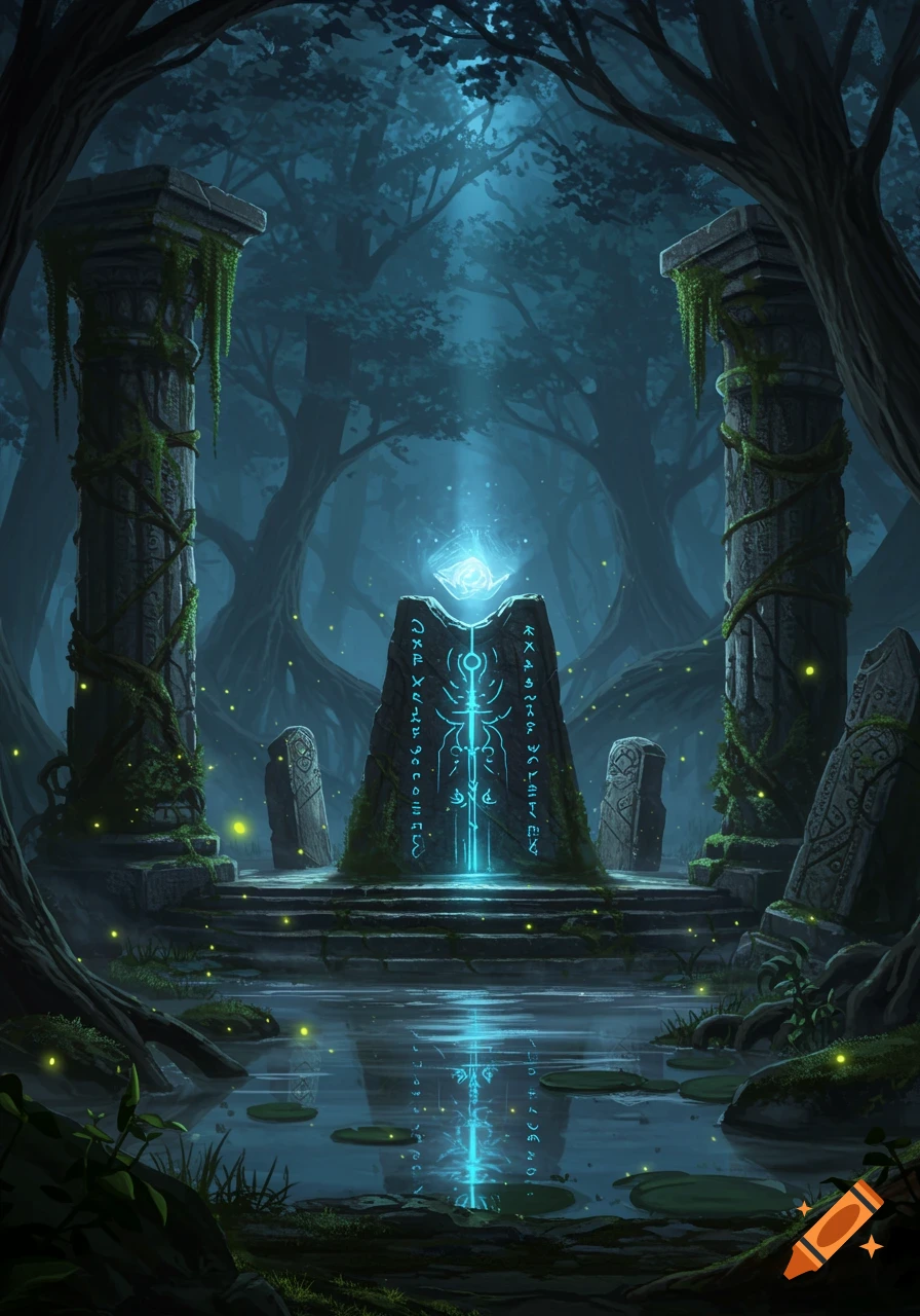 A glowing altar with ancient runes stands in a mystical, dark forest ...