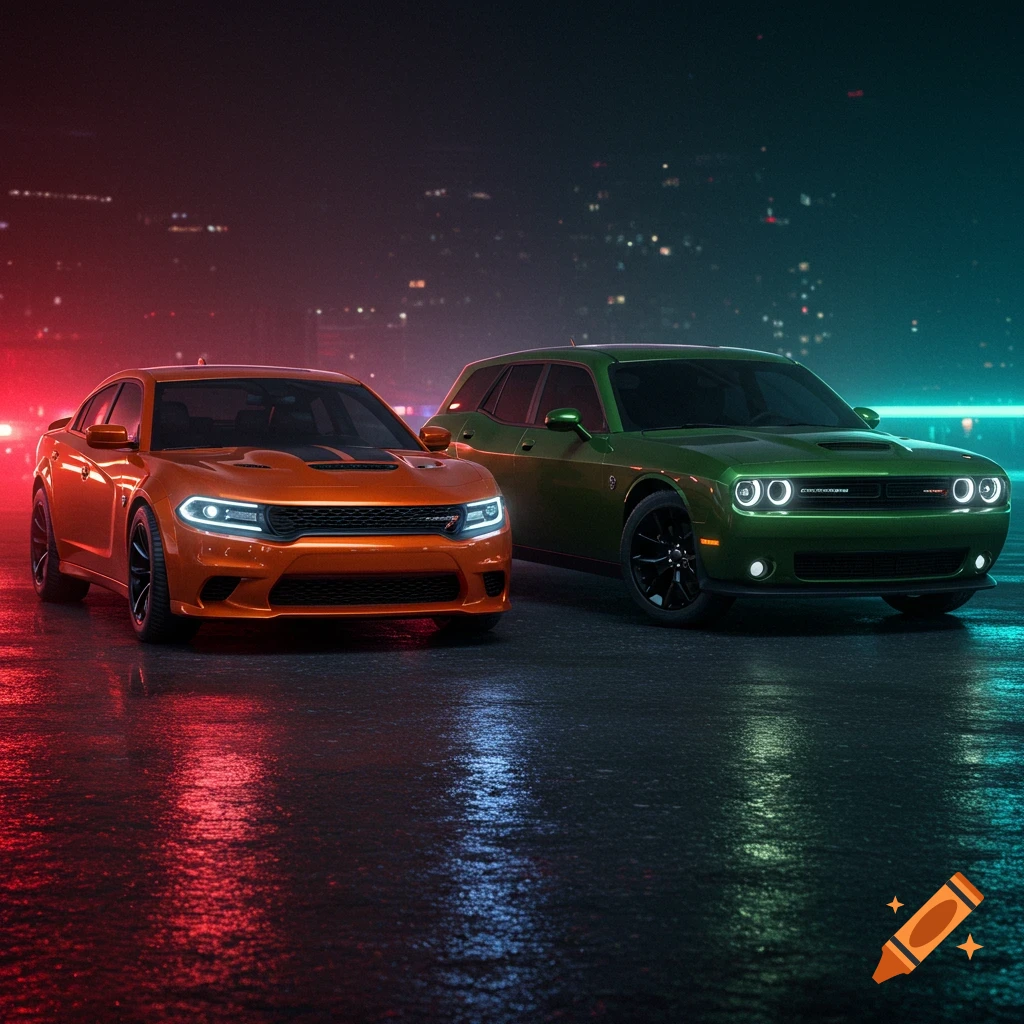 A red Dodge Durango SRT races down a wet city street at night ...