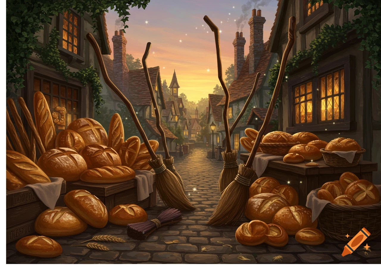 Enchanting fantasy village street at dusk with overflowing displays of ...