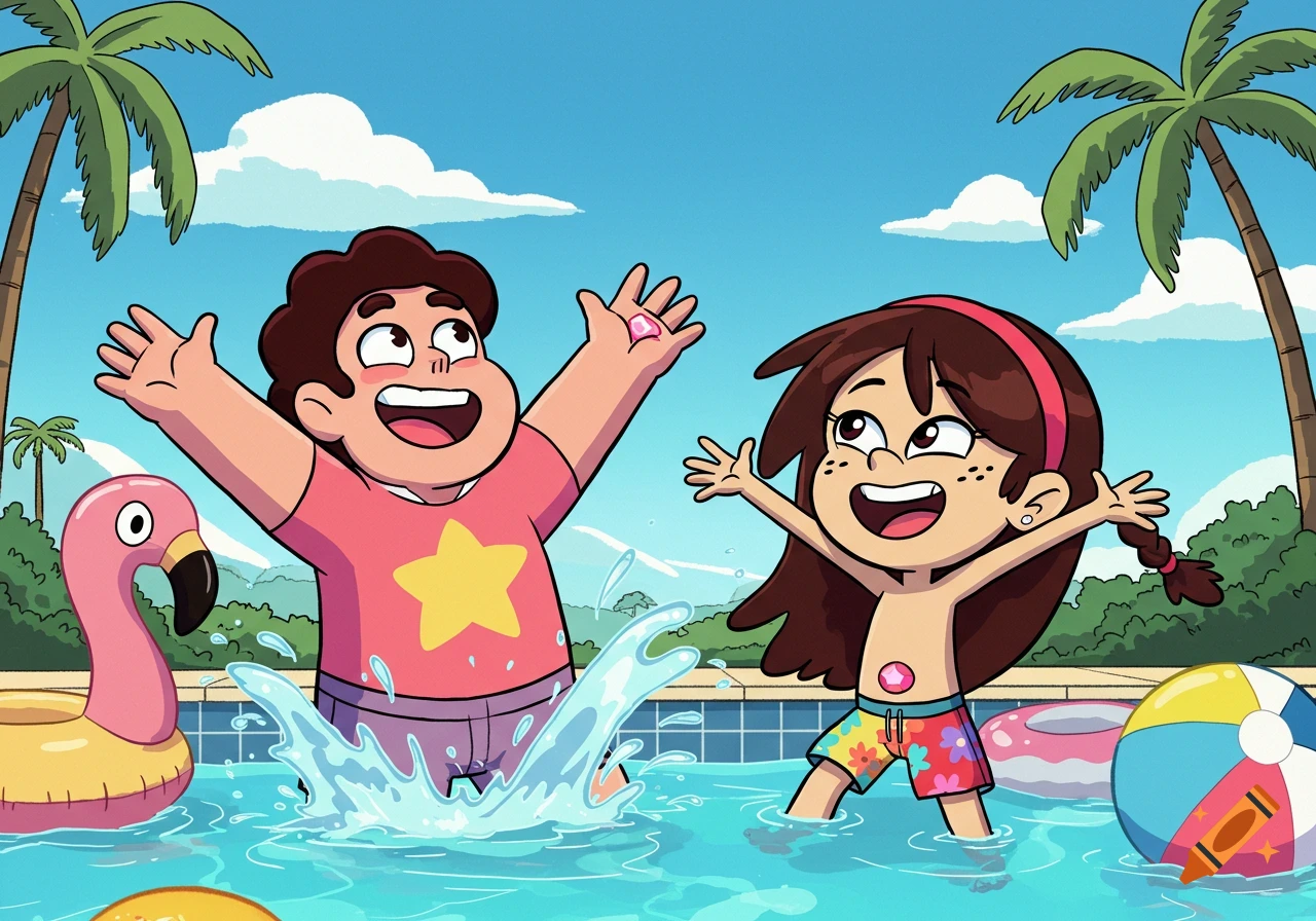 Cartoon of Steven Universe and Amity Blight in a pool, Steven waving ...