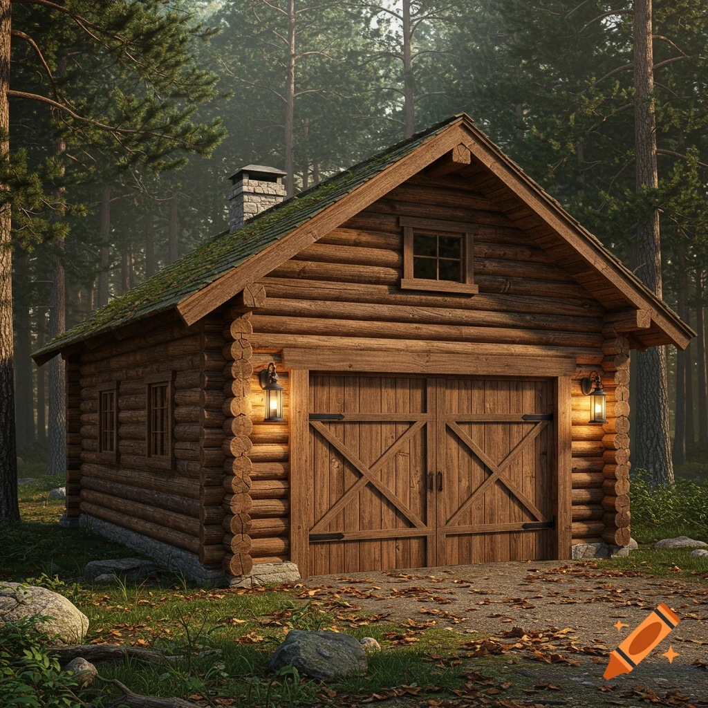 A photorealistic log garage with wooden double doors and outdoor ...