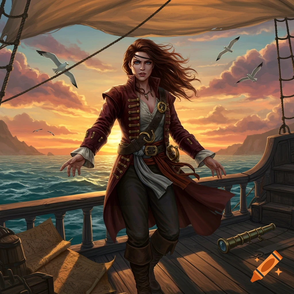 Red-haired female pirate with an eye patch, wearing a blue steampunk ...