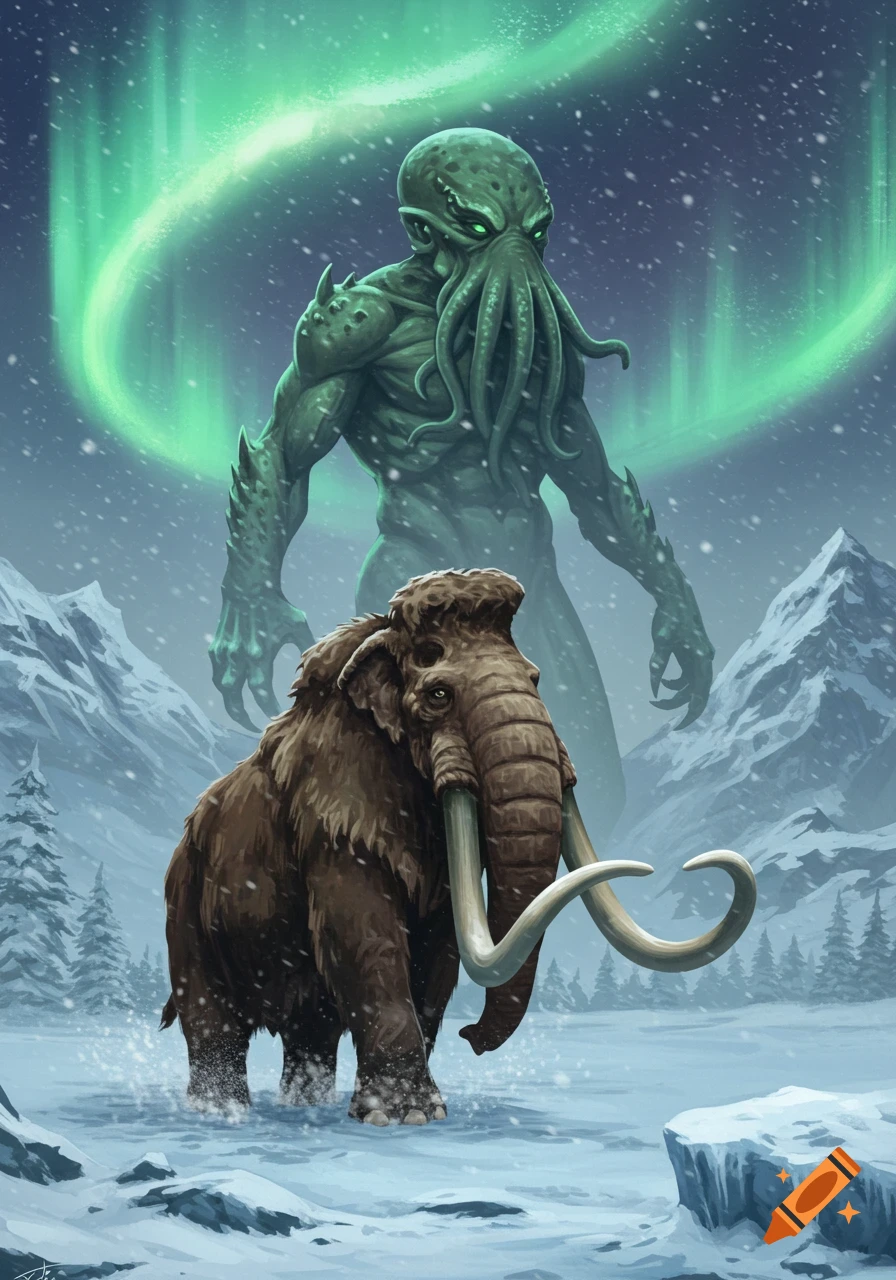 A giant green Cthulhu-like creature with tentacles for a face stands ...