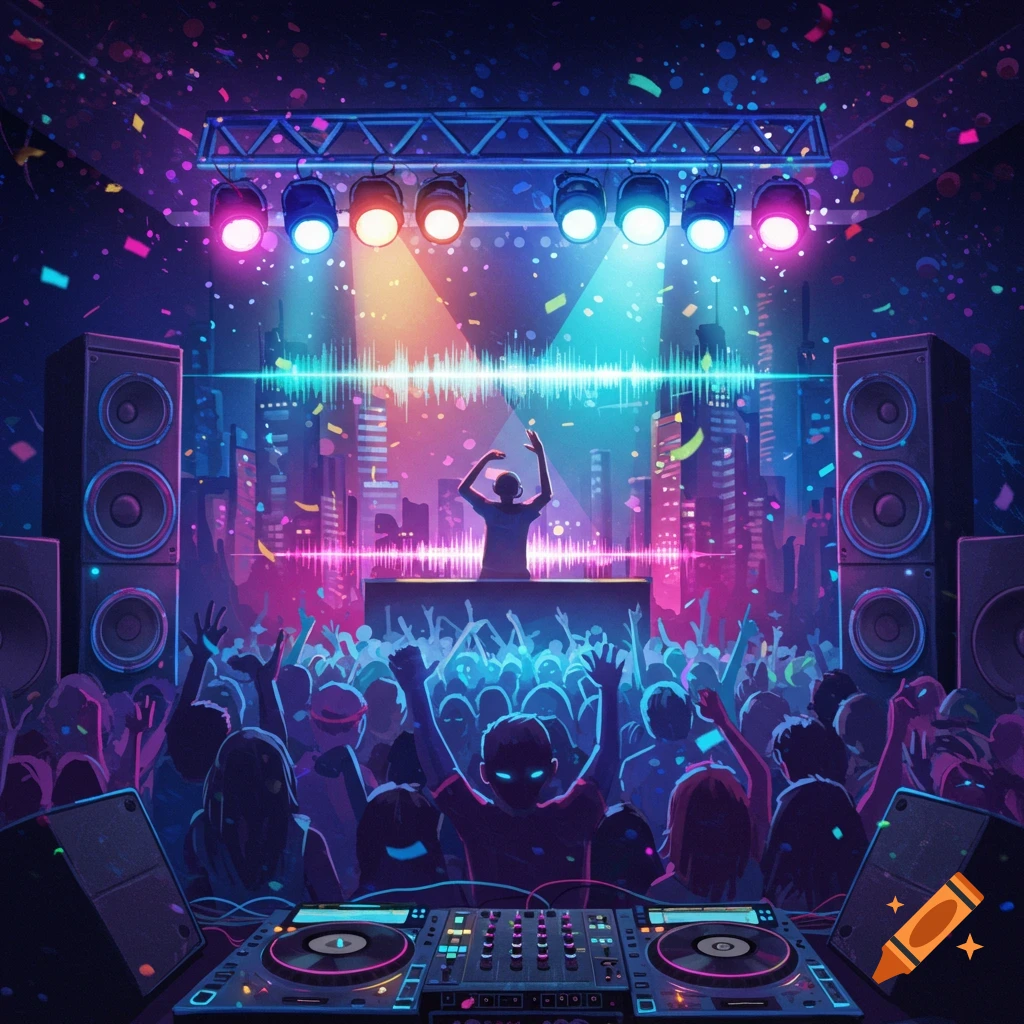 A vibrant, neon-lit digital art scene of a DJ on stage with a dancing ...