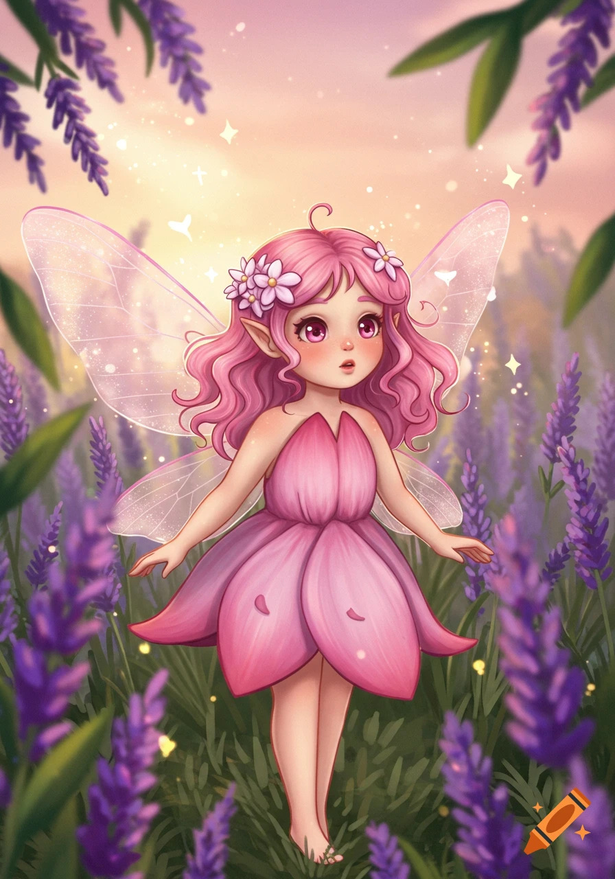 A cute pink-haired fairy with a pink petal dress and translucent wings ...