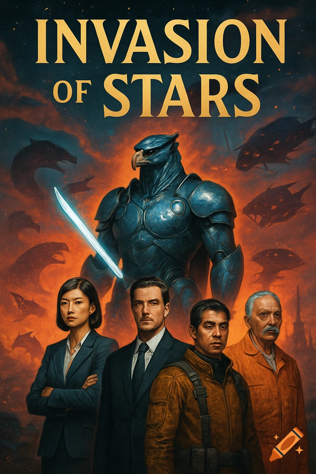 A science fiction book cover titled 'INVASION OF STARS' featuring a bird-like alien warrior and ...