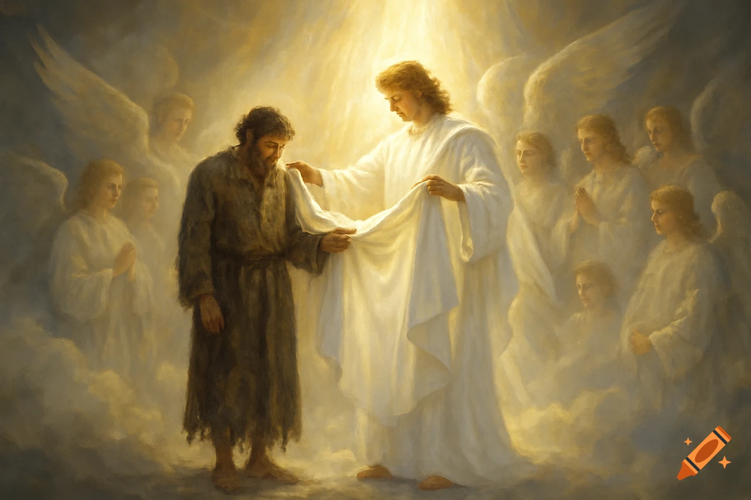 A majestic painting of Jesus with a halo, riding a donkey and holding ...