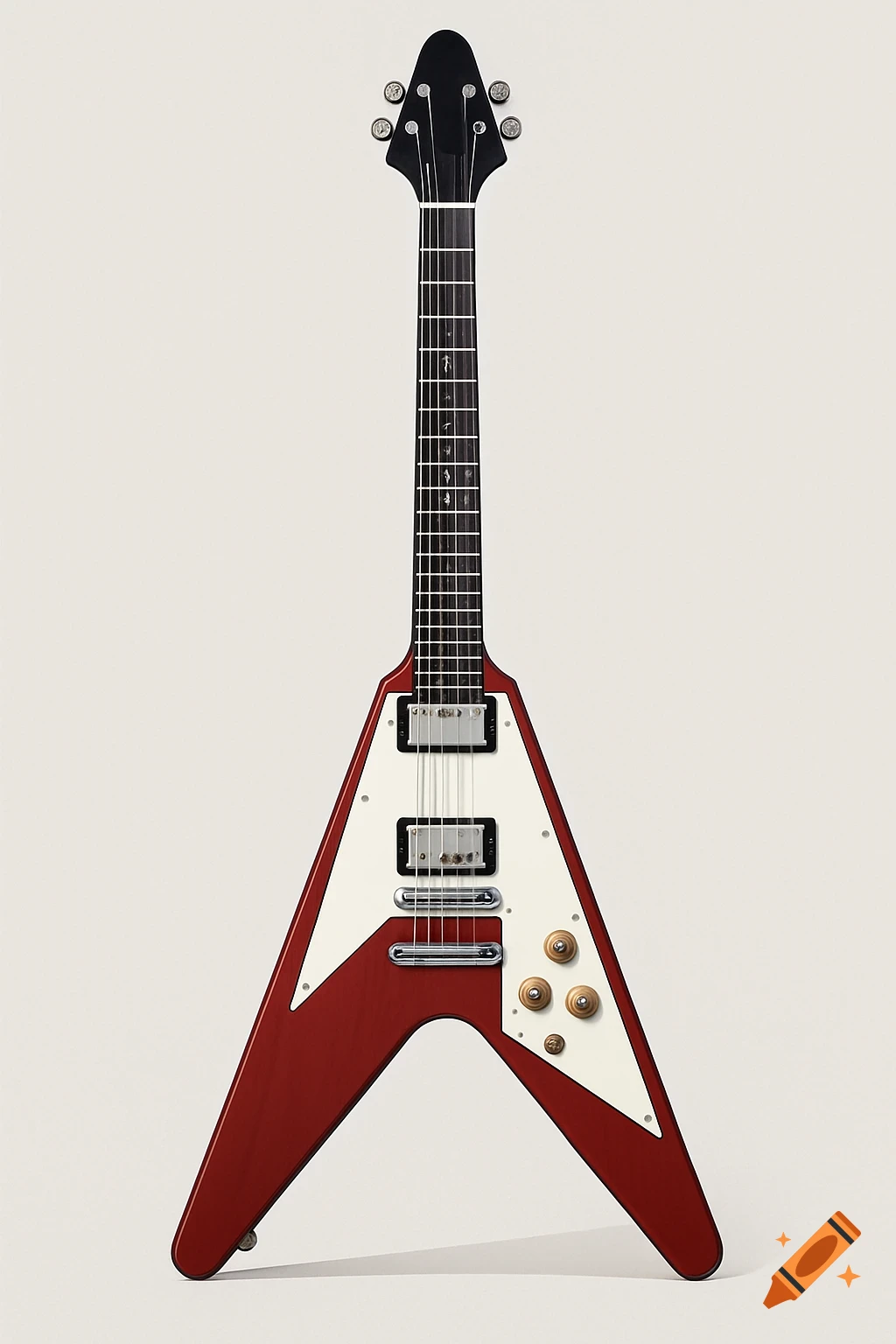 A red and white Gibson Flying V electric guitar stands upright against ...