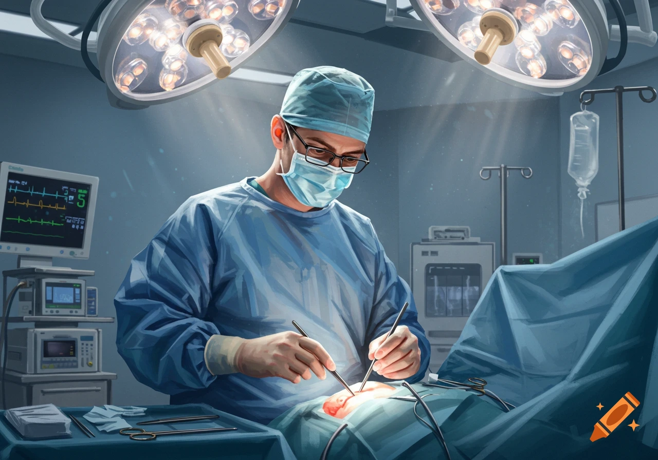 A surgeon in blue scrubs and a mask performs an operation under bright ...