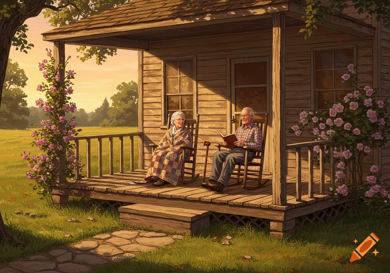 An elderly couple sits in rocking chairs on the front porch of an old ...