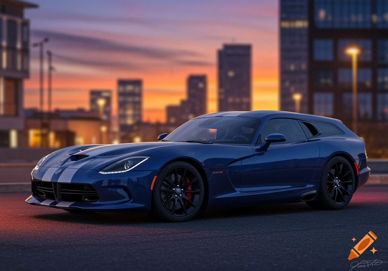 Blue Dodge Viper sports car with red racing stripes parked on asphalt ...