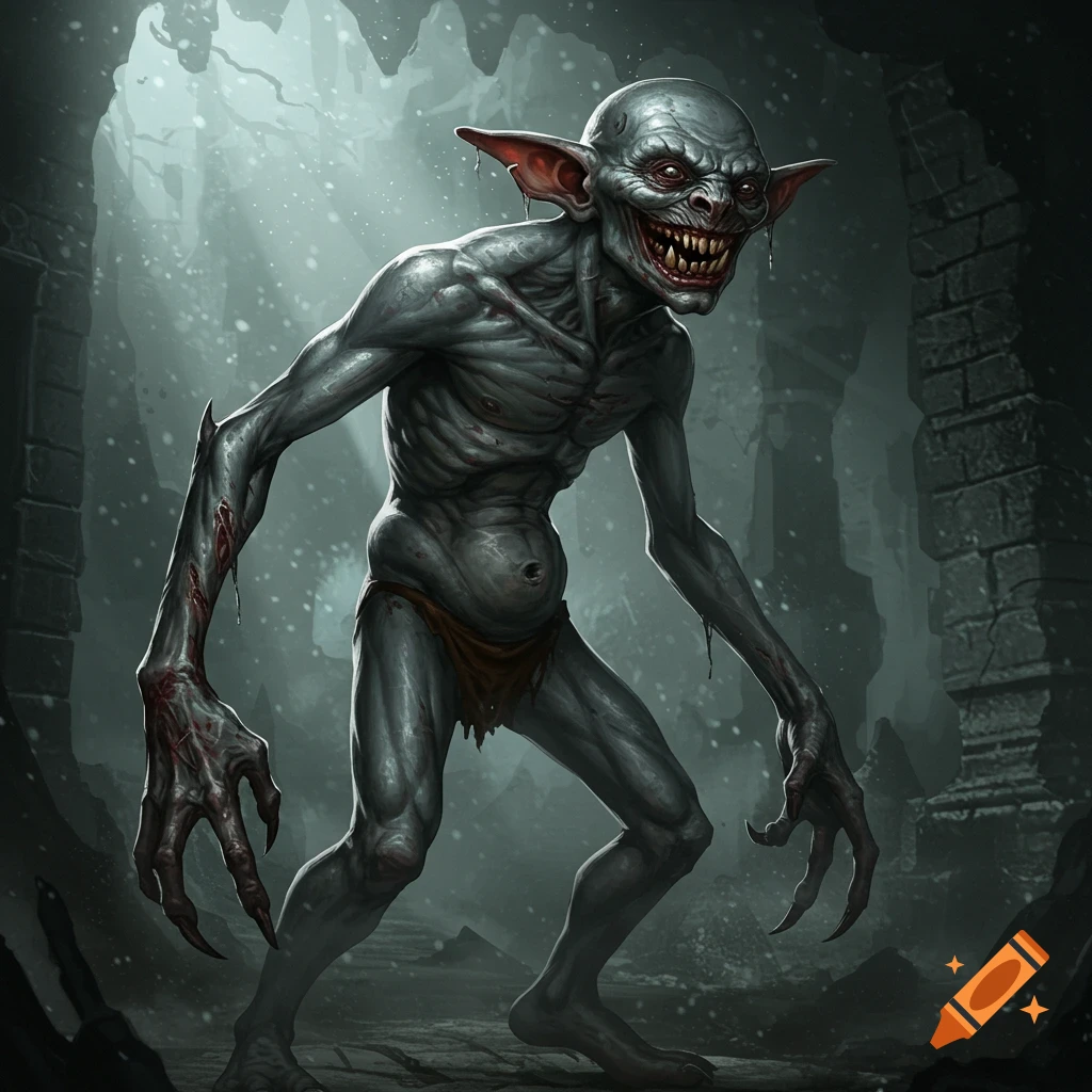 A menacing, grey-skinned goblin with sharp teeth and long claws stands ...