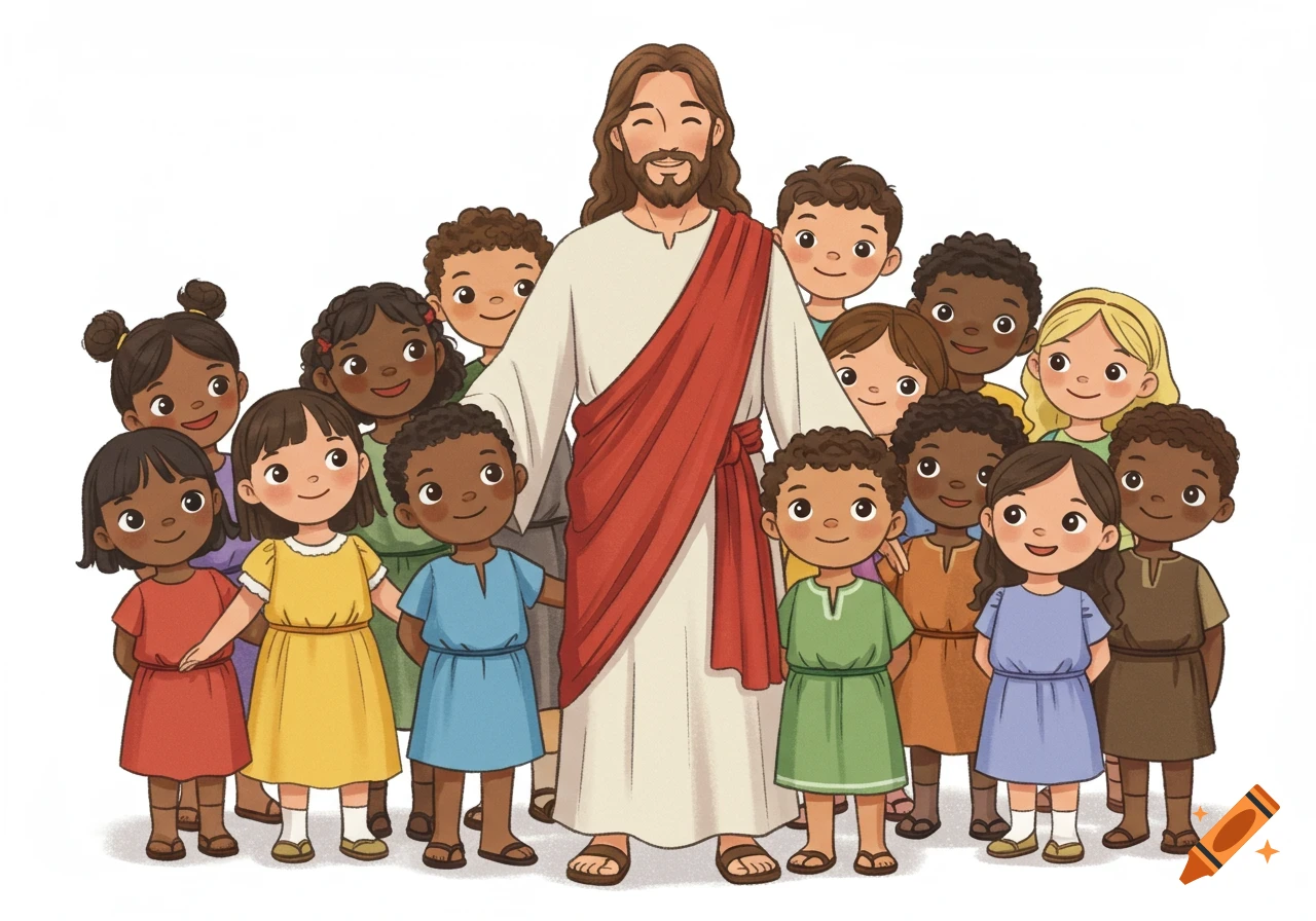 Illustration of Jesus walking uphill, holding hands with three children ...