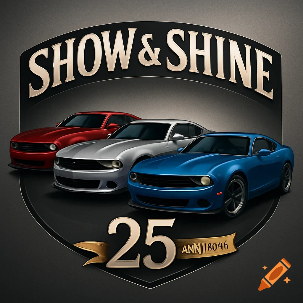 A black and gray shield-shaped logo featuring three muscle cars (red ...