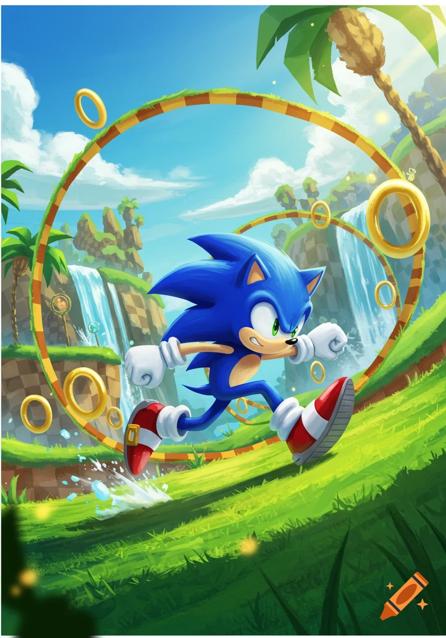 Cartoon Sonic the Hedgehog runs frantically on a checkered path, chased ...
