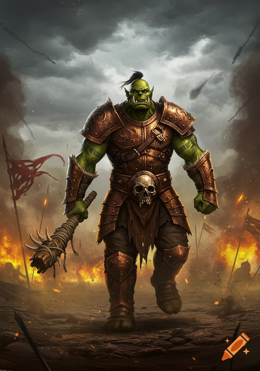 An orc-like creature in red and green armor runs with a ball, pursued ...