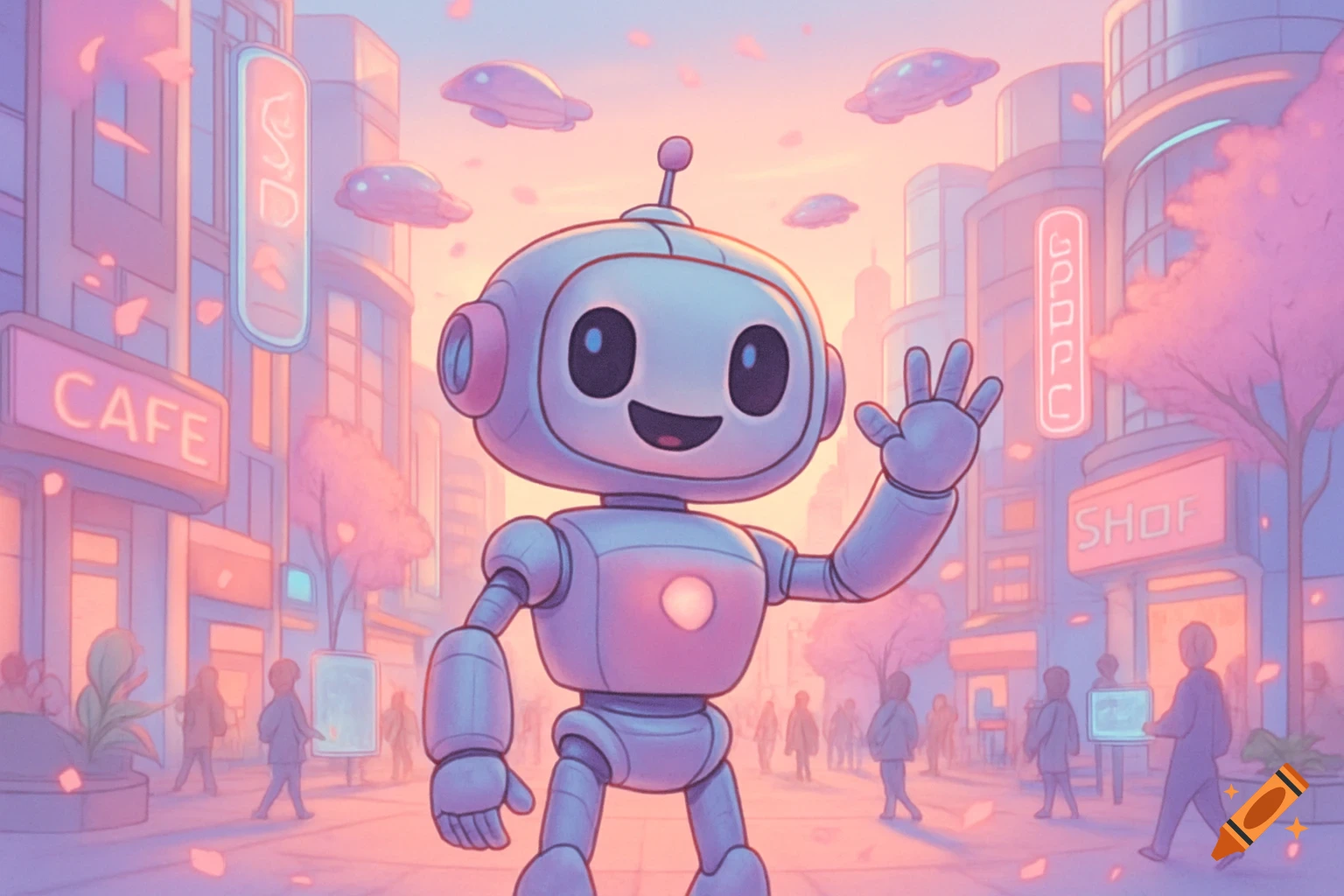 A cheerful silver cartoon robot stands in a colorful city street with a ...
