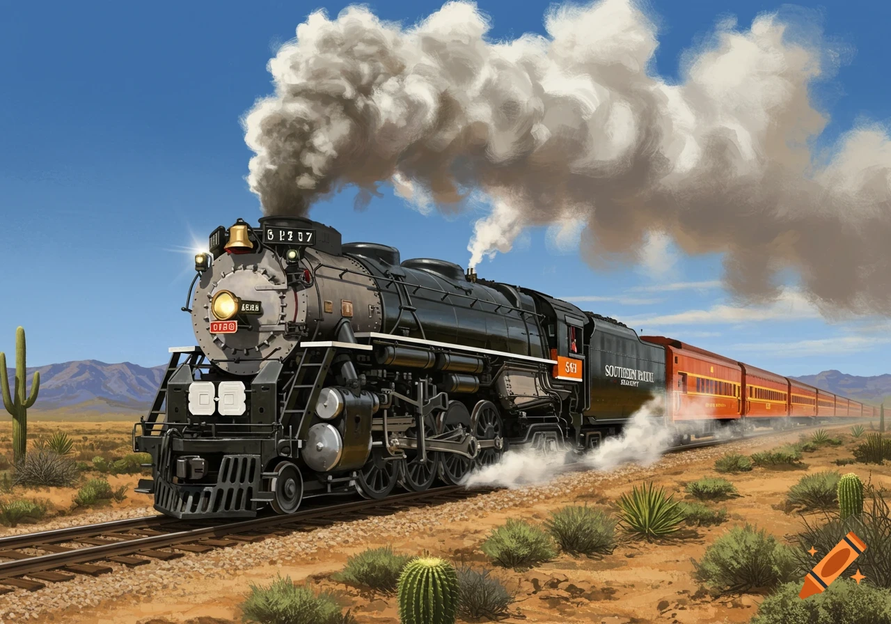 A majestic black steam locomotive travels on tracks through a ...