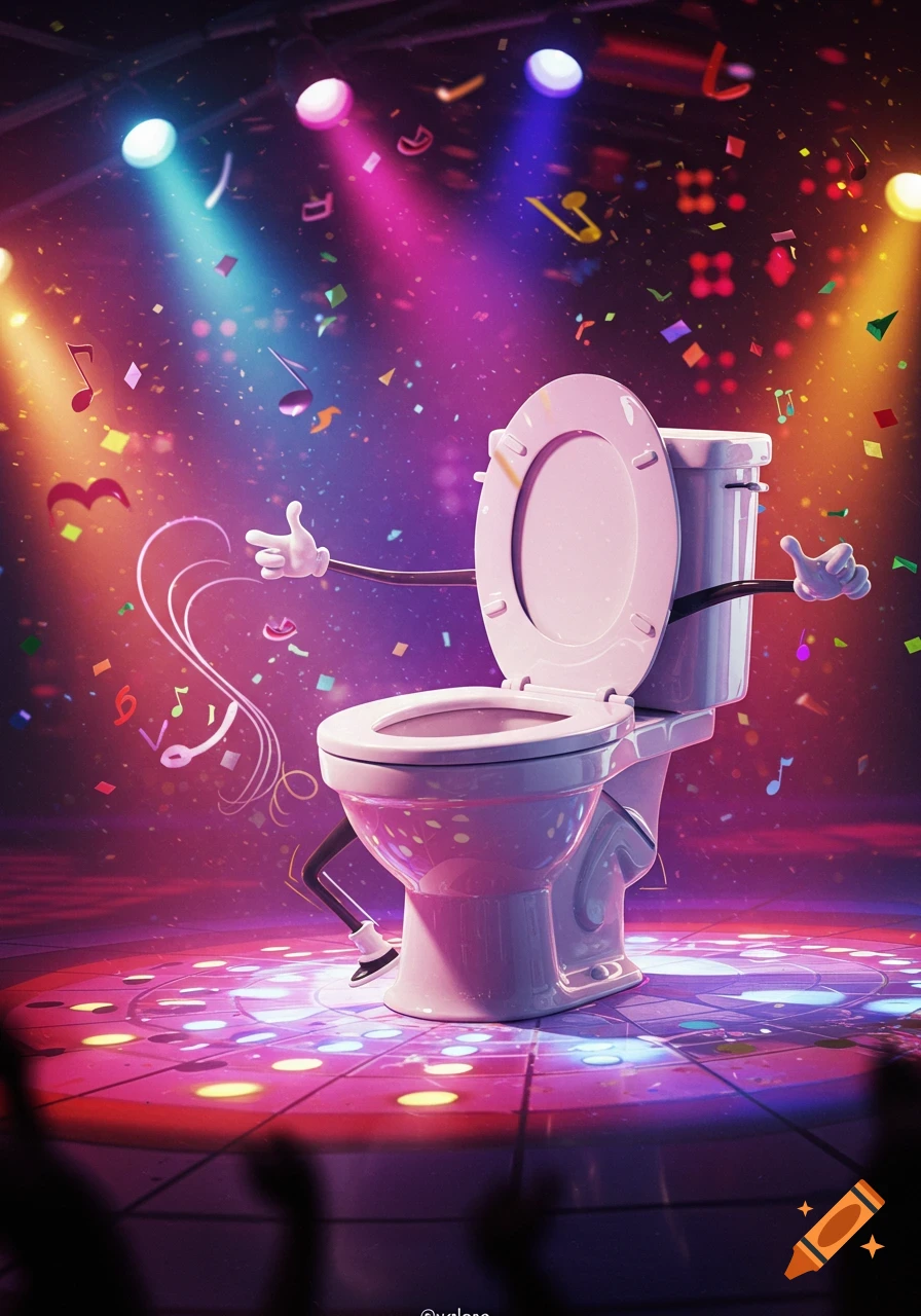 A happy cartoon Skibidi toilet with limbs dances on a checkerboard ...
