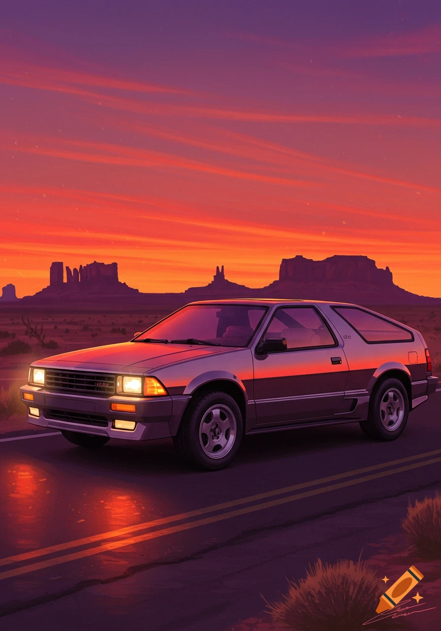 A yellow and light blue JDM-style car inside a cartoon garage with ...