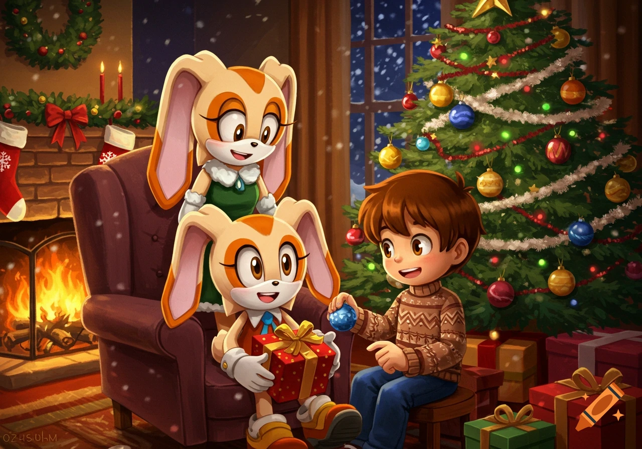Cream the Rabbit and Vanilla celebrate Christmas with a human boy in a ...