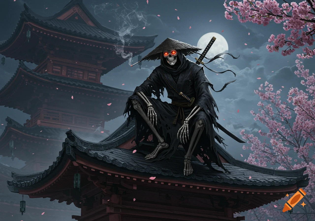 A skeleton in a straw hat and black cloak sits on a Japanese pagoda ...