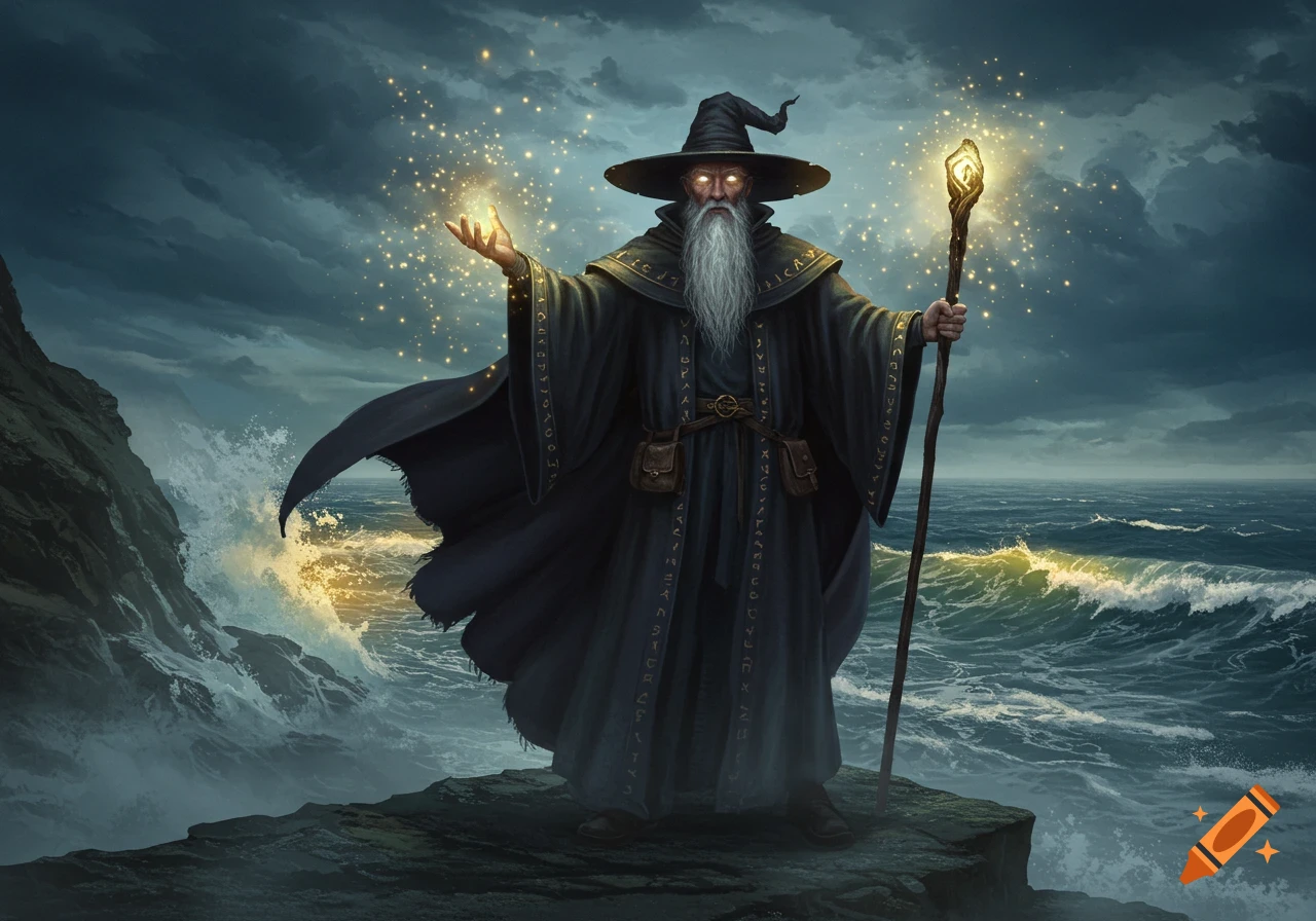 A powerful wizard with a long white beard and glowing eyes stands on a ...
