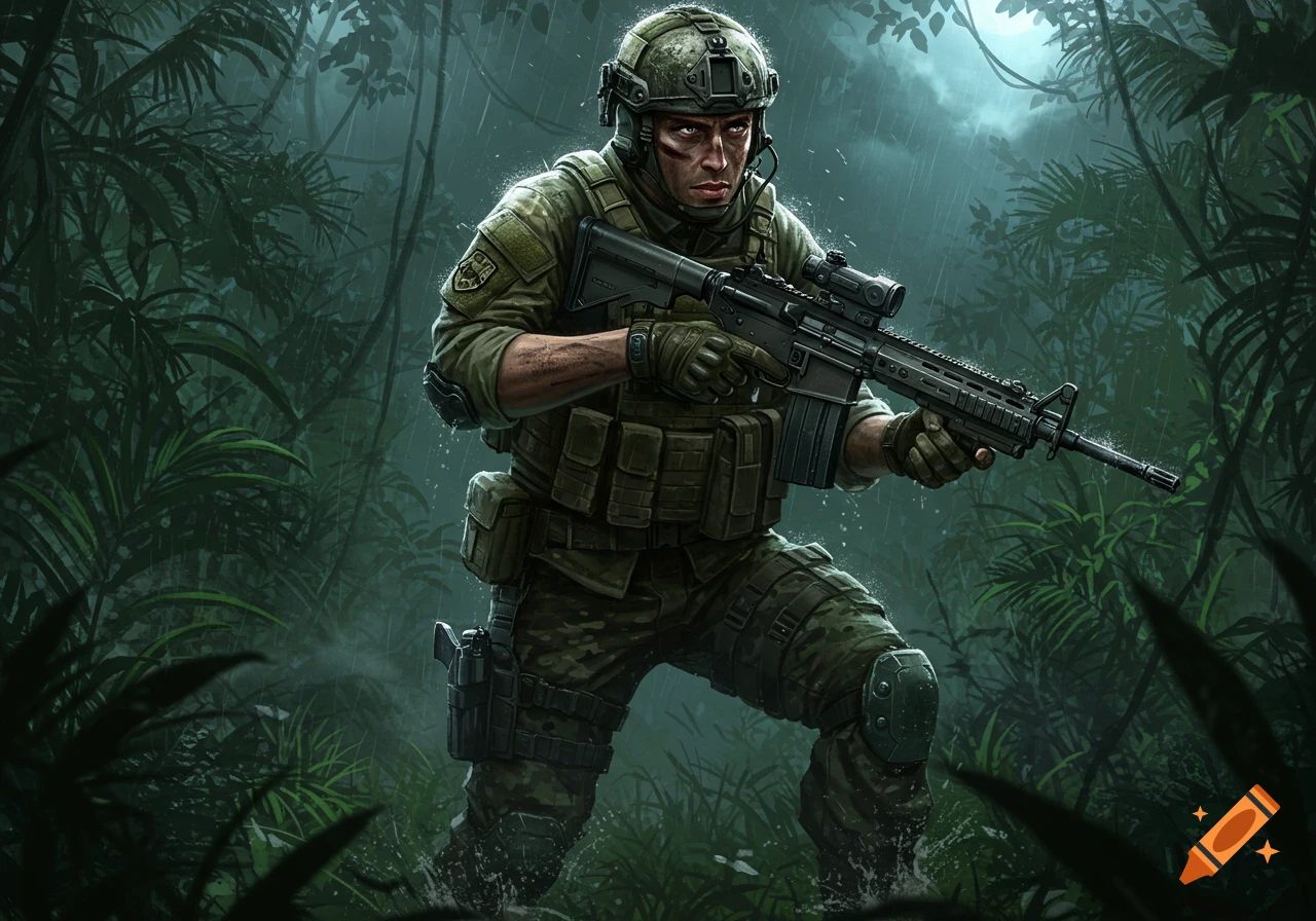 A camouflaged special forces soldier with a rifle walks through a dark ...