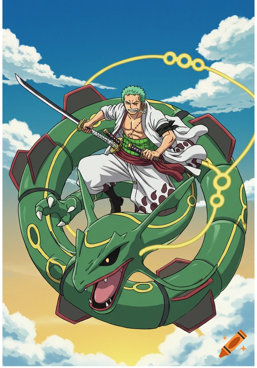 Anime illustration of Roronoa Zoro from One Piece riding the green ...