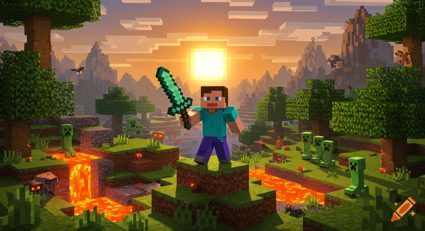 A blocky character similar to Minecraft's Steve, holding a sword ...