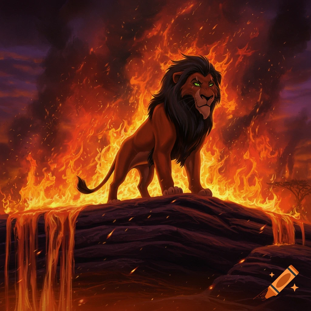 Scar, the evil lion, stands on a rocky cliff surrounded by intense ...