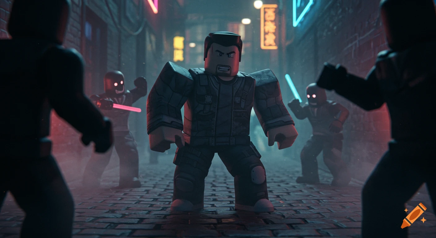 A Roblox-style character in a suit and fedora with a glowing eye poses ...