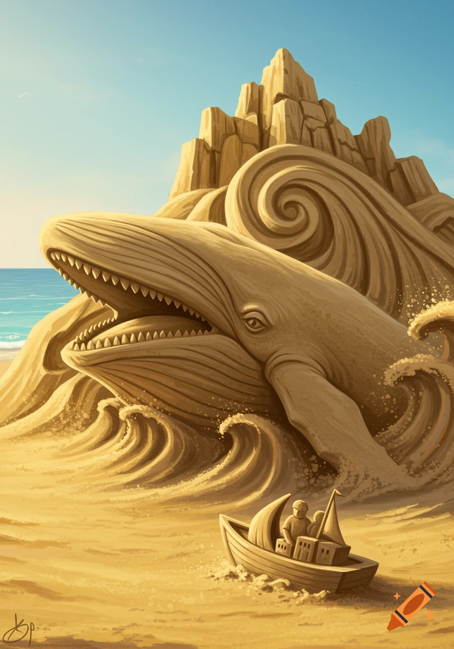 Detailed illustration of a giant sand sculpture whale with open mouth ...