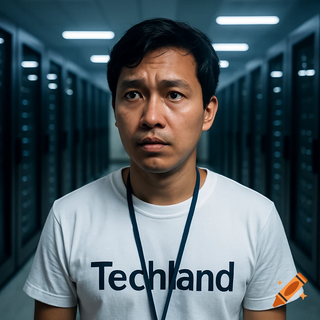Photorealistic image of an anxious man in a server room, wearing a white t-shirt with 'Techland ...