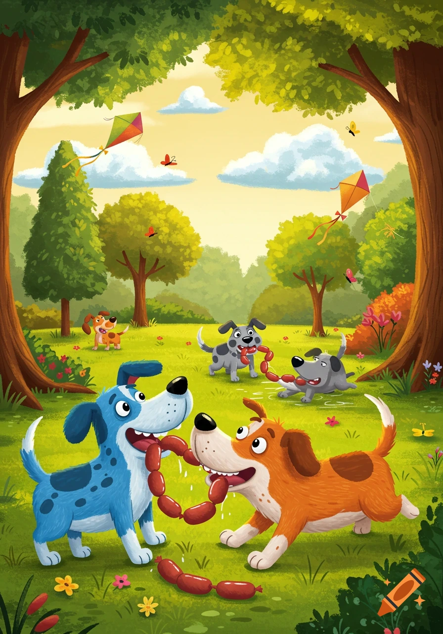 Cartoon illustration of a group of happy dogs playing with strings of ...