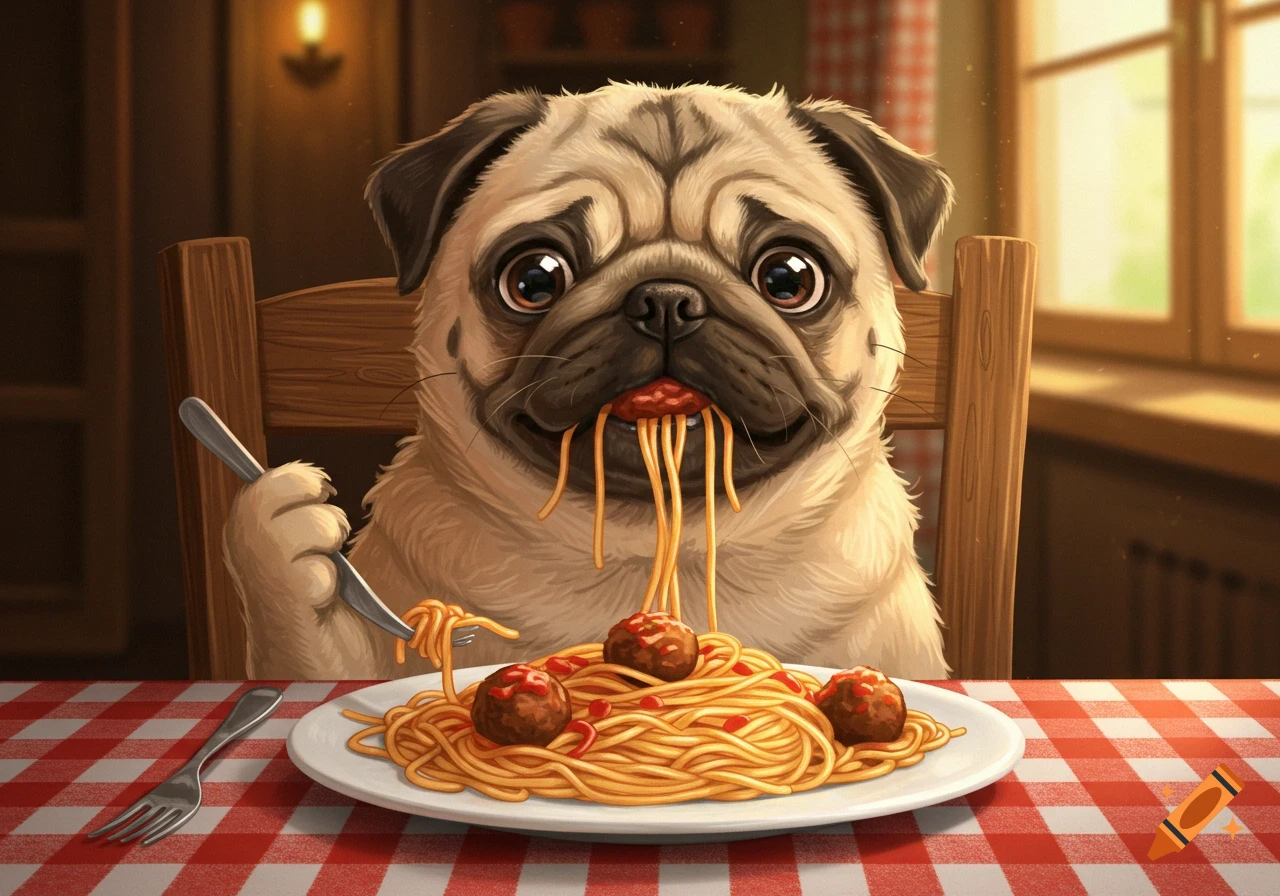 A cute illustrated pug sits at a table, eating spaghetti and meatballs ...