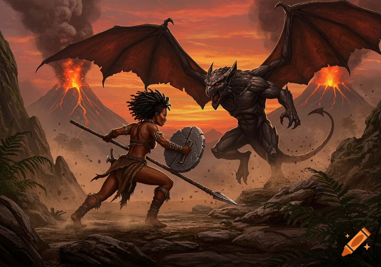 A black warrior woman with a spear and shield confronts a large ...