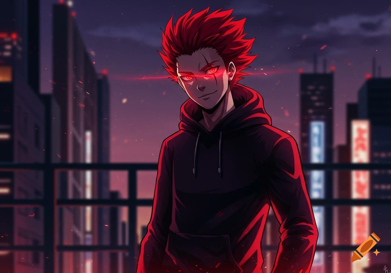 An anime character with red spiky hair and glowing red eyes stands on a ...