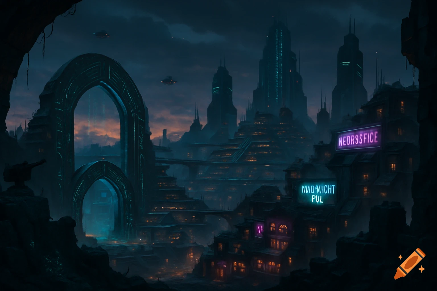 A vibrant, green-themed futuristic cityscape with tall buildings ...