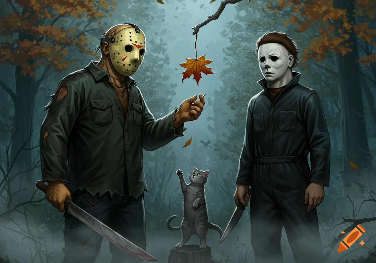Jason Voorhees and Michael Myers in a forest, holding their weapons ...